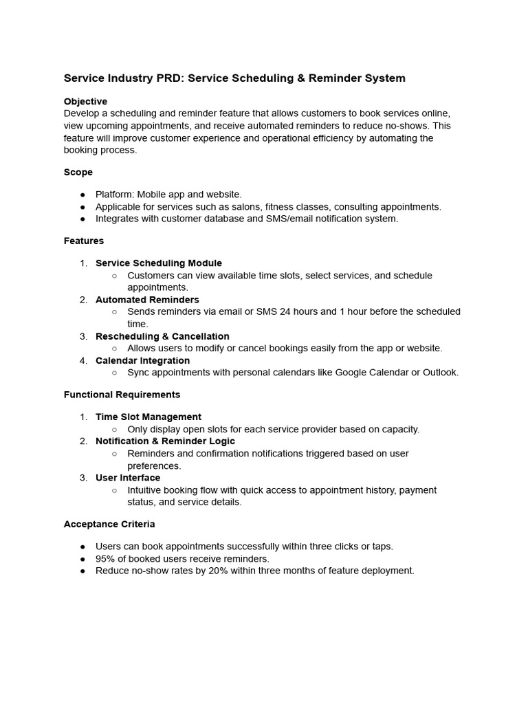 Service Industry PRD_ Service Scheduling & Reminder System | PDF