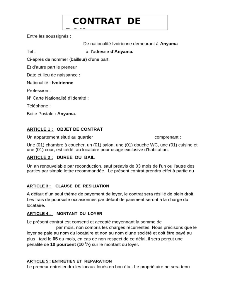 Modèle de contrat de bail en Côte d'Ivoire | PDF | Droit privé | Justice
