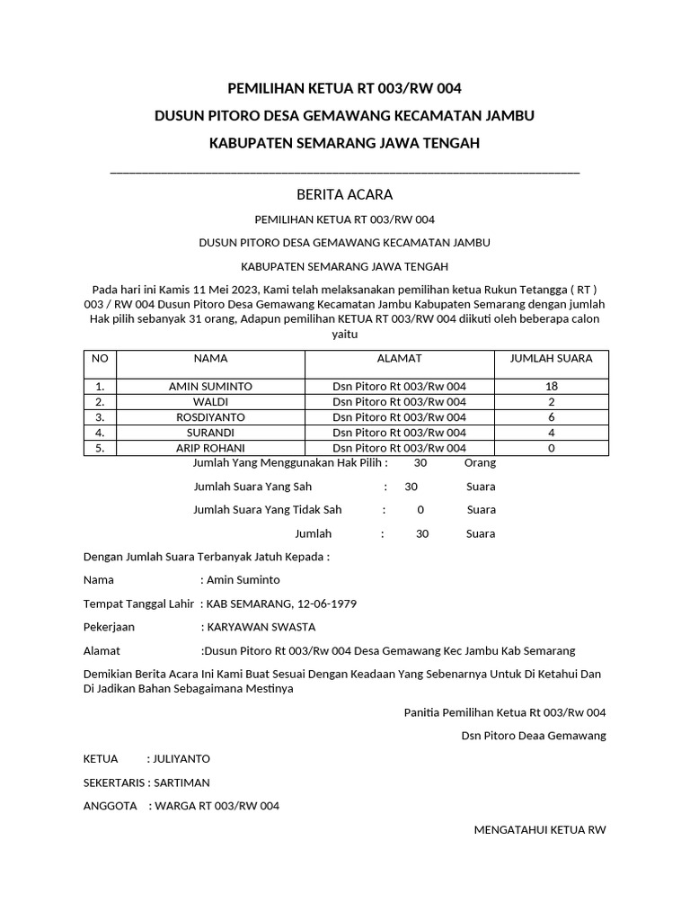 Berita Acara Pemilihan Ketua RT 003 | PDF