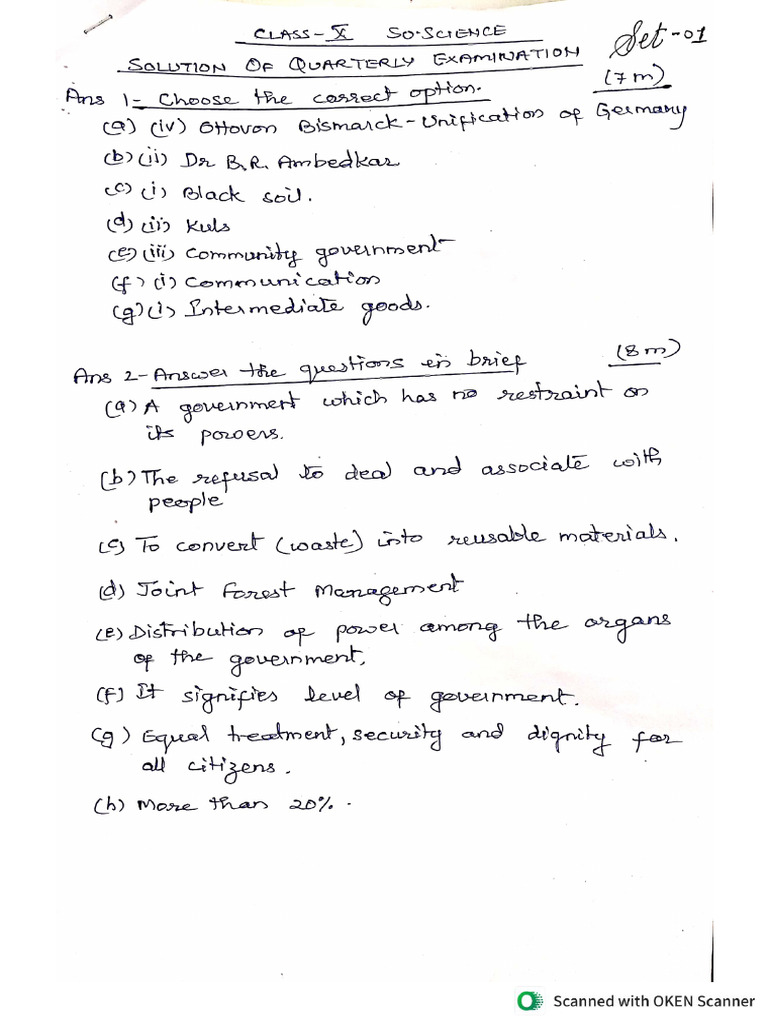 Class 10 S.ST - Set 1 Solution | PDF