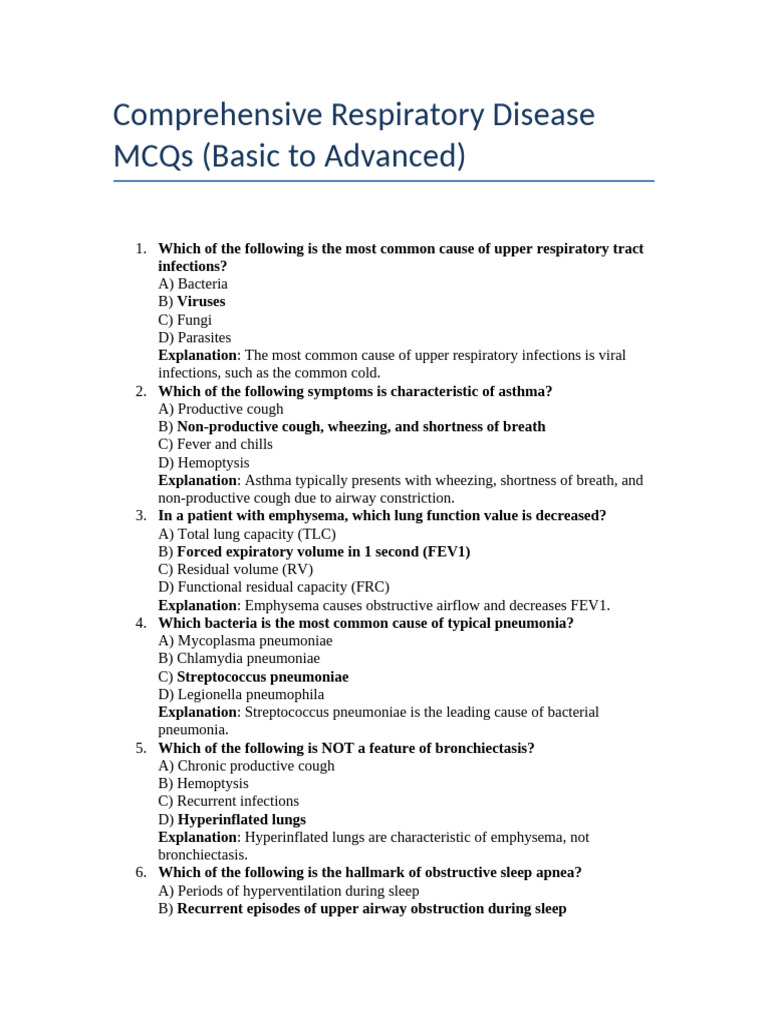 Numbered Complete Respiratory Diseases MCQs 100 | PDF | Respiratory ...