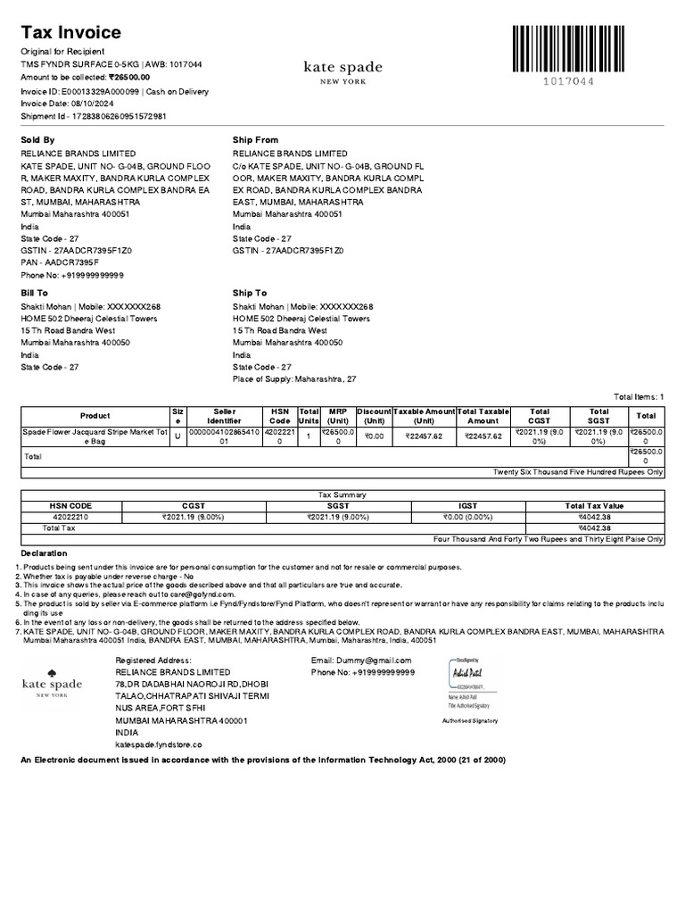 Tax Invoice for Kate Spade Bag | PDF | Government Finances | Payments