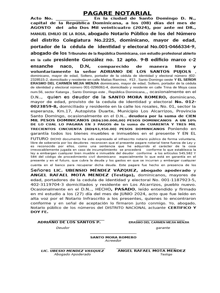 Pagare Notarial de Santo Mora | PDF | República Dominicana