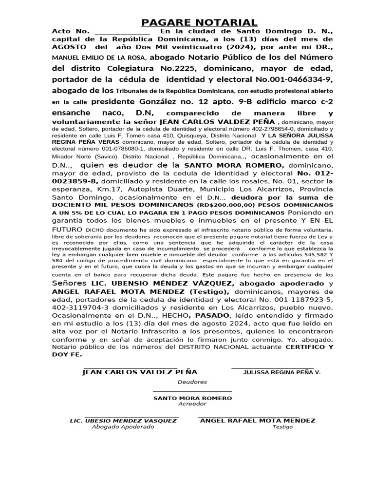 Pagare Notarial de Santo Mora y Jean y Julissa | PDF | República Dominicana