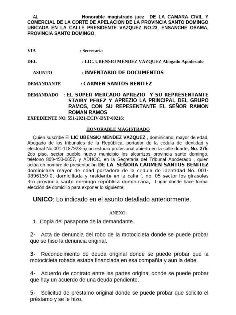 Inventarios de Documentos Carmen Benitez A La Corte | PDF | República Dominicana | Gobierno