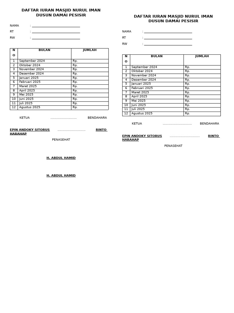 Daftar Iuran Masjid 2024-2025 | PDF