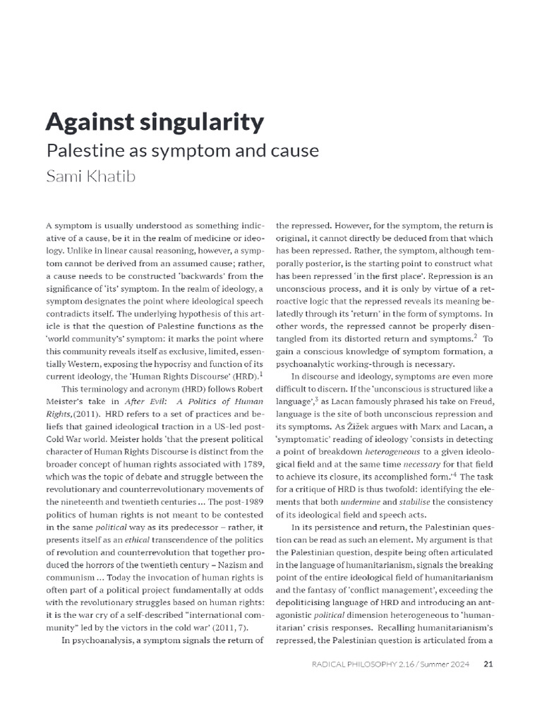 Sami Khatib Against Singularity - Palestine As Symptom and Cause (2024 ...