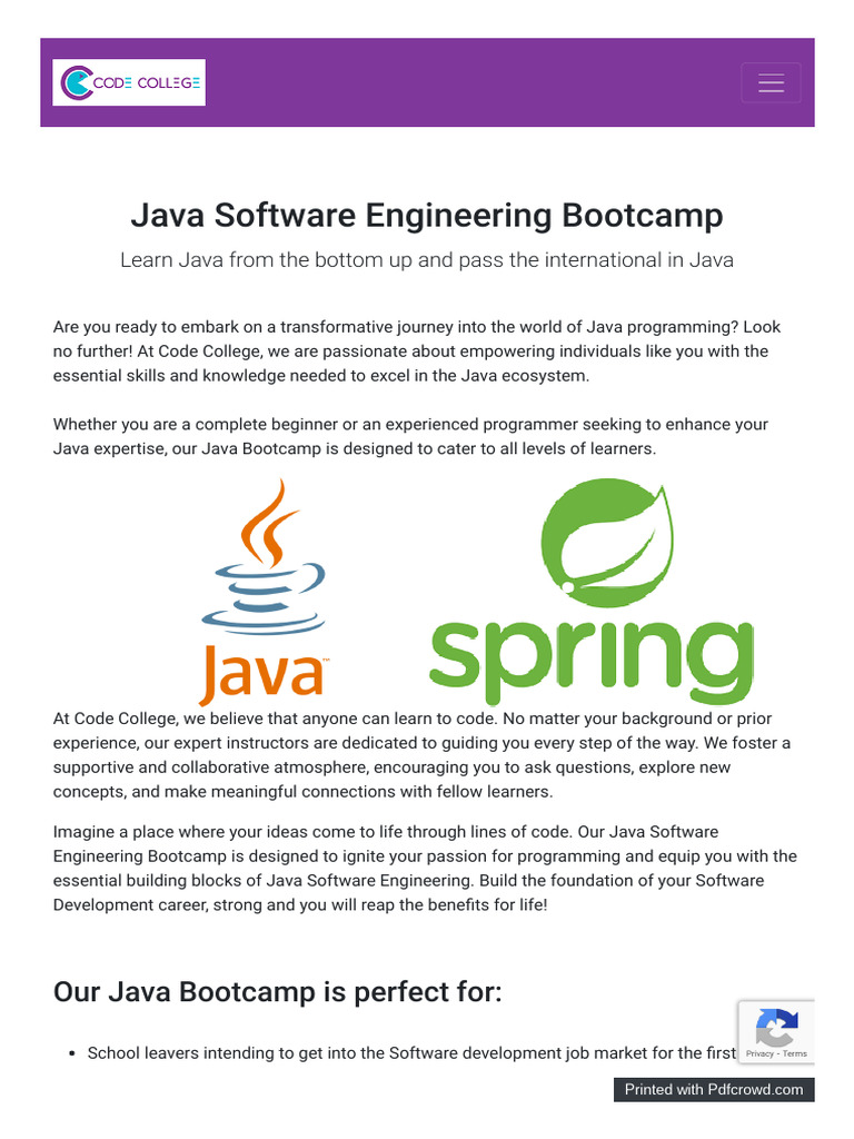 Codecollege Co Za Java Bootcamp | PDF | Class (Computer Programming) | Spring Framework