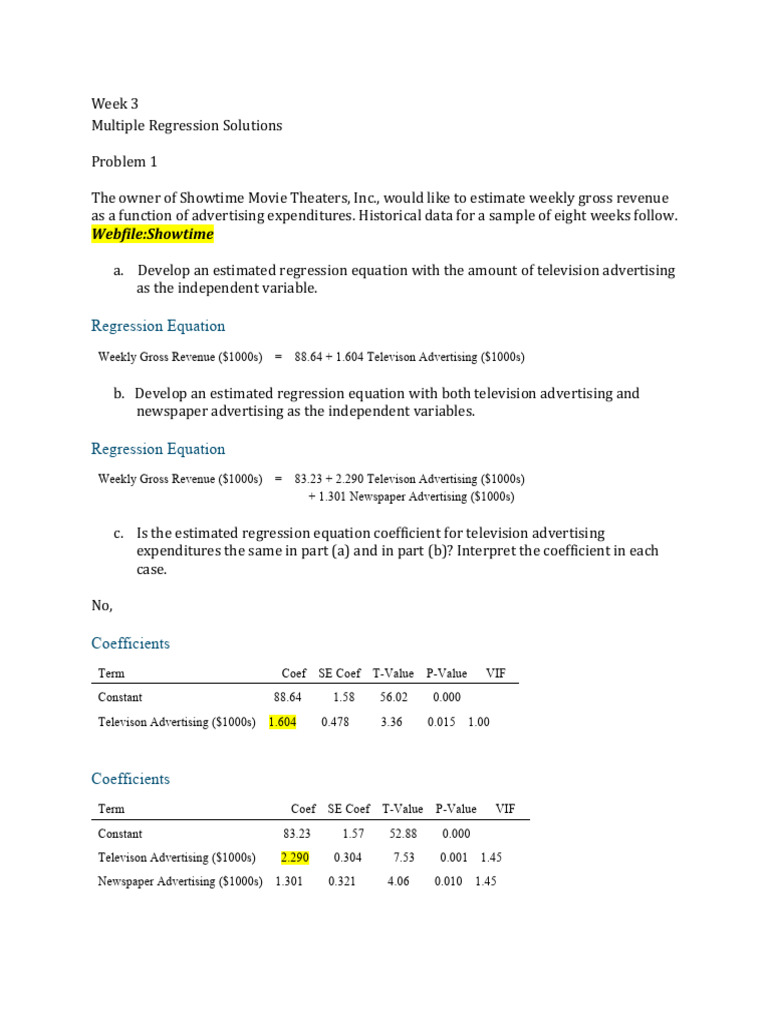 Week 3 - Multiple Regression Solutions | PDF | Regression Analysis | P Value