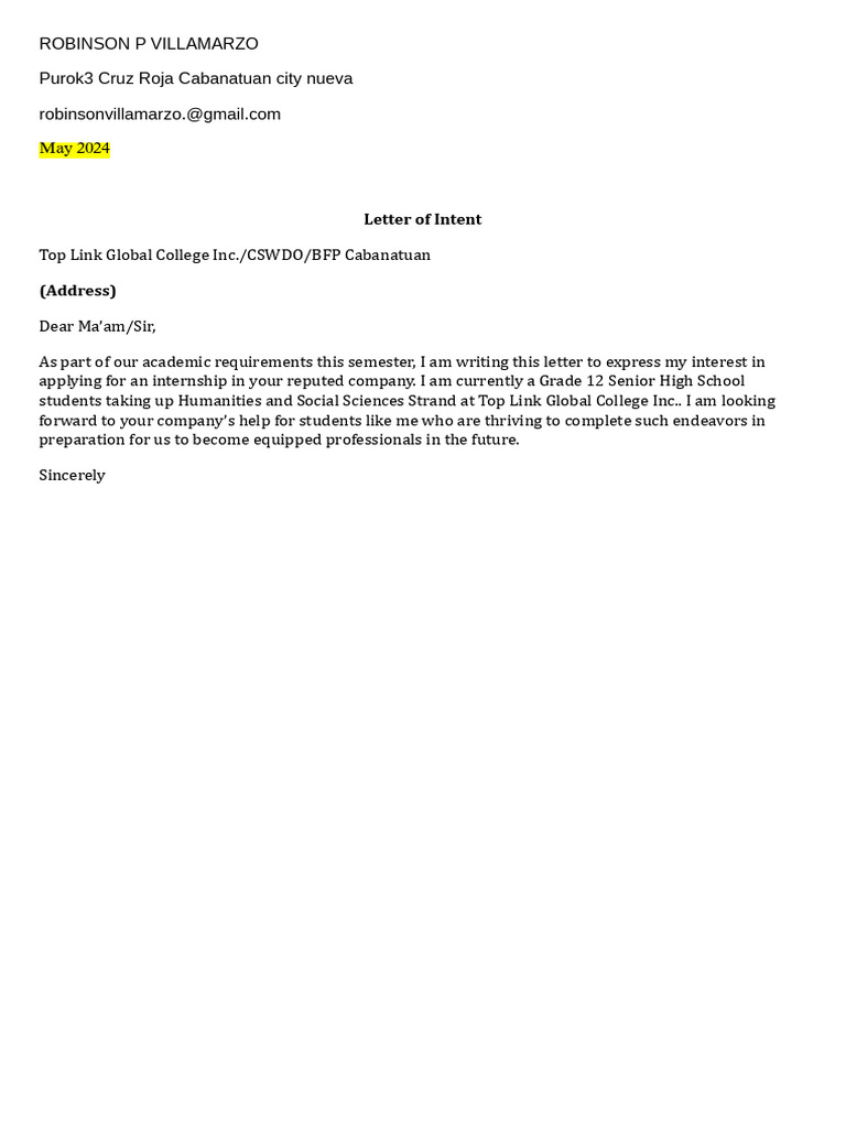 LETTER-OF-INTENT-HUMSS - Docx 20241024 193333 0000 | PDF | Career & Growth