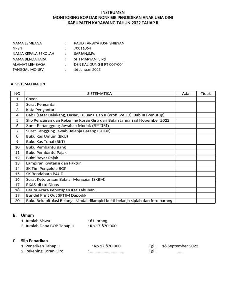 Instrumen Monev Bop Reguler Paud | PDF | Pengelolaan Keuangan & Uang