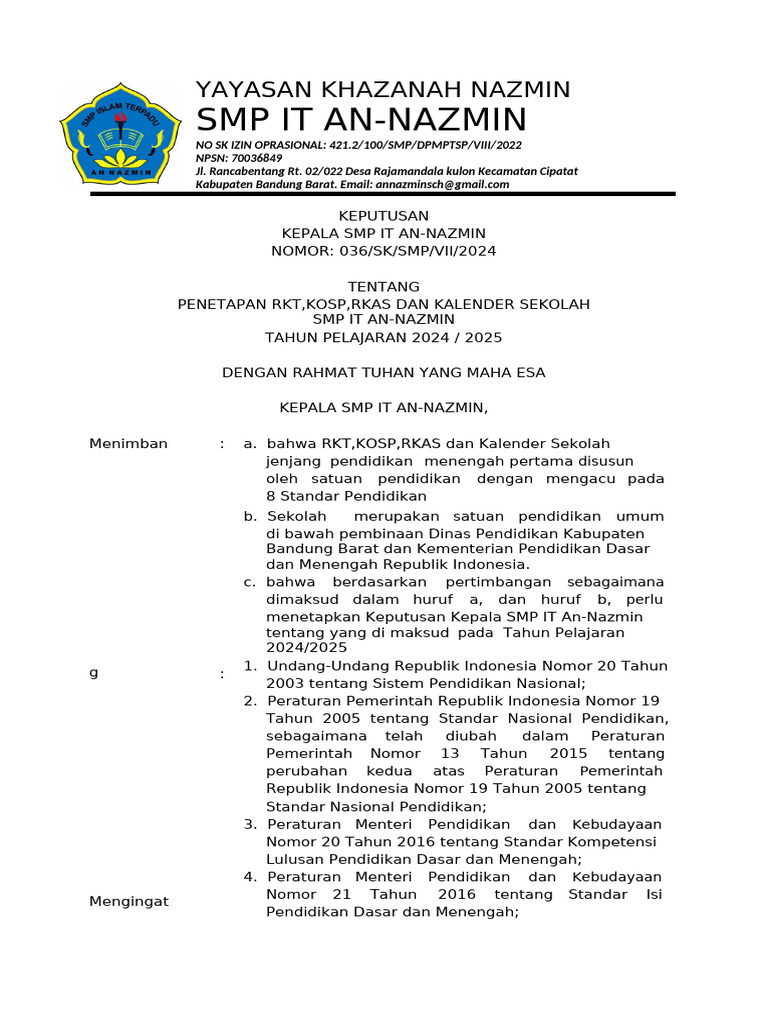 SK PENETAPAN RKT,KOSP,RKAS SMP IT AN NAZMIN 2024 | PDF