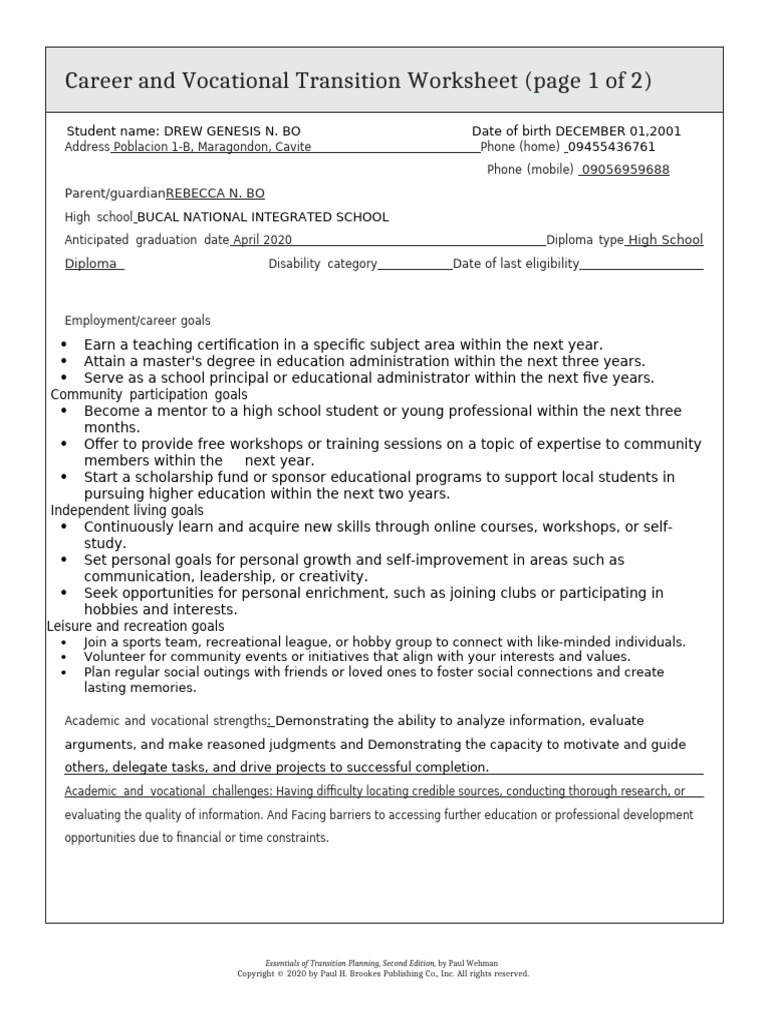 CID ERICK PONIENTE - Career and Vocational Transition Worksheet | PDF ...