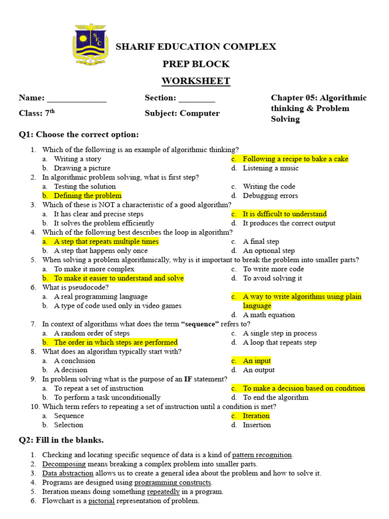 Solved Chapter 5 Worksheet Class 7 | PDF | Algorithms | Computer Programming