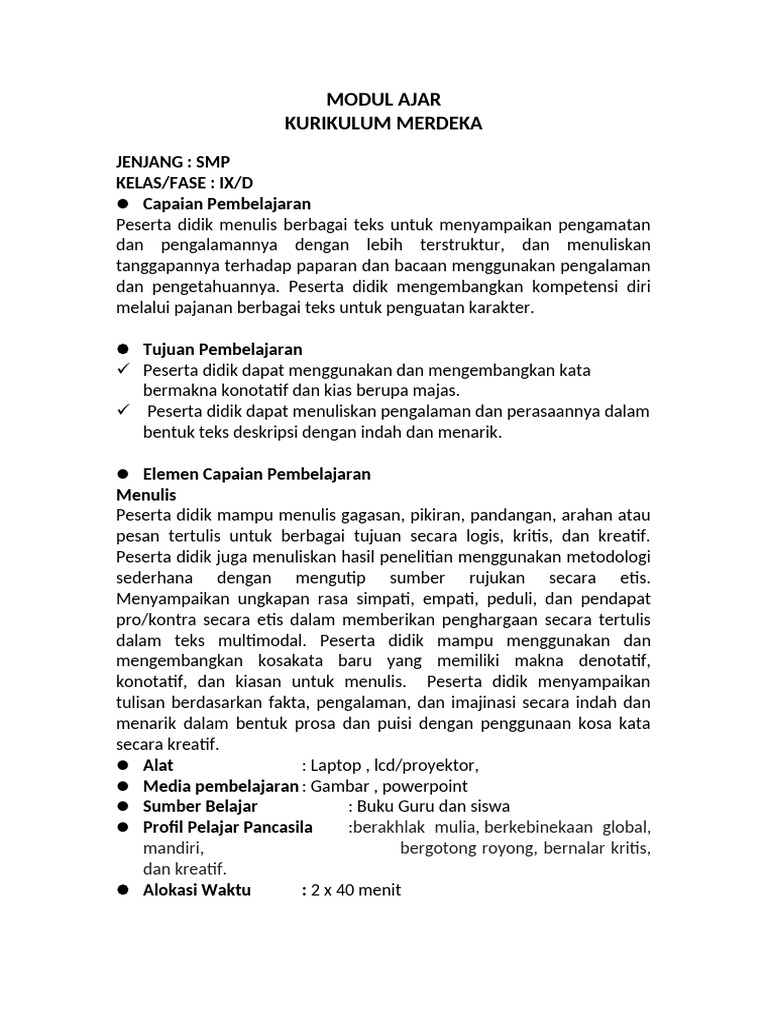 Modul Ajar Kumer Kelas 9 Materi | PDF | Sains & Matematika