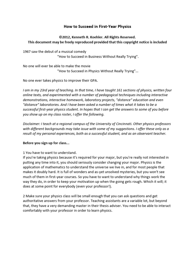 How To Succeed in First Year Physics by Kohler | PDF | Mathematics ...