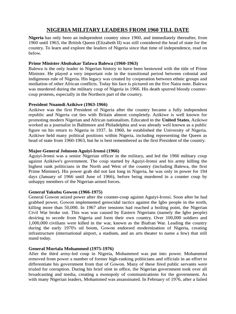 NIGERIA MILITARY LEADERS FROM 1960 TILL DATE | PDF | Nigeria NIGERIA MILITARY LEADERS FROM 1960 TILL DATE | PDF | Nigeria