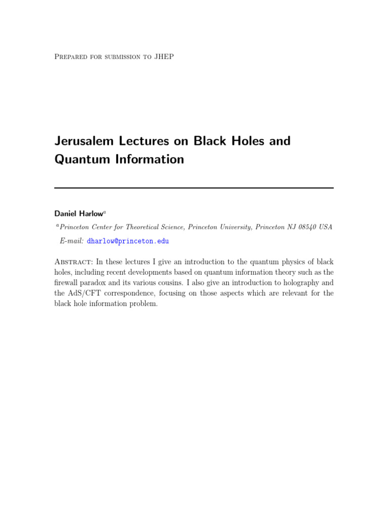Jerusalem Lectures On Black Holes and Quantum Information: Prepared For ...