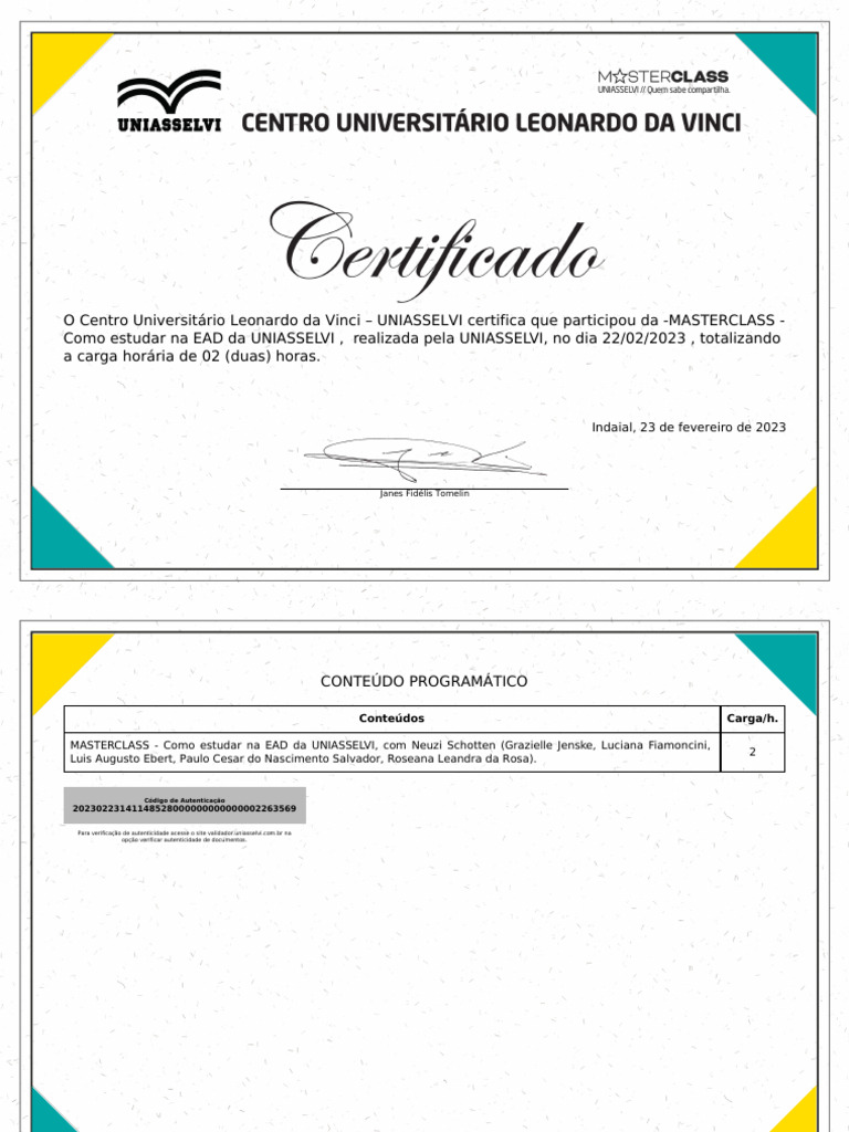 Certificado MASTERCLASS - Como Estudar Na EAD Da UNIASSELVI | PDF