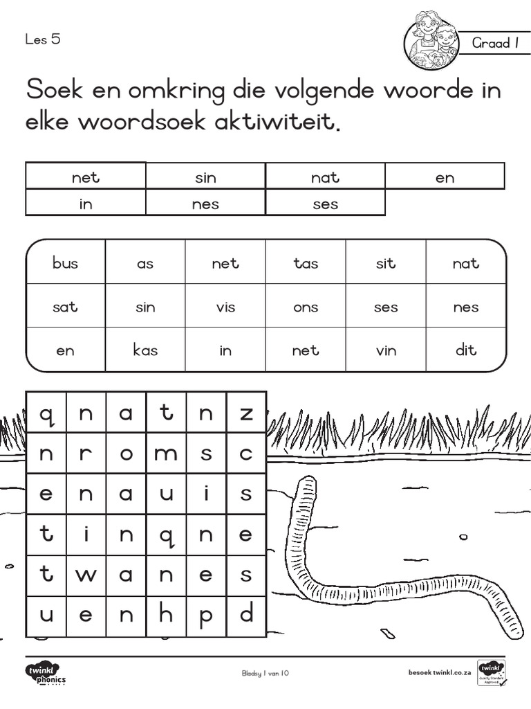 Graad 1 Klankeprogram Week 3 Les 5 Werkkaarte (Wit en Swart) | PDF