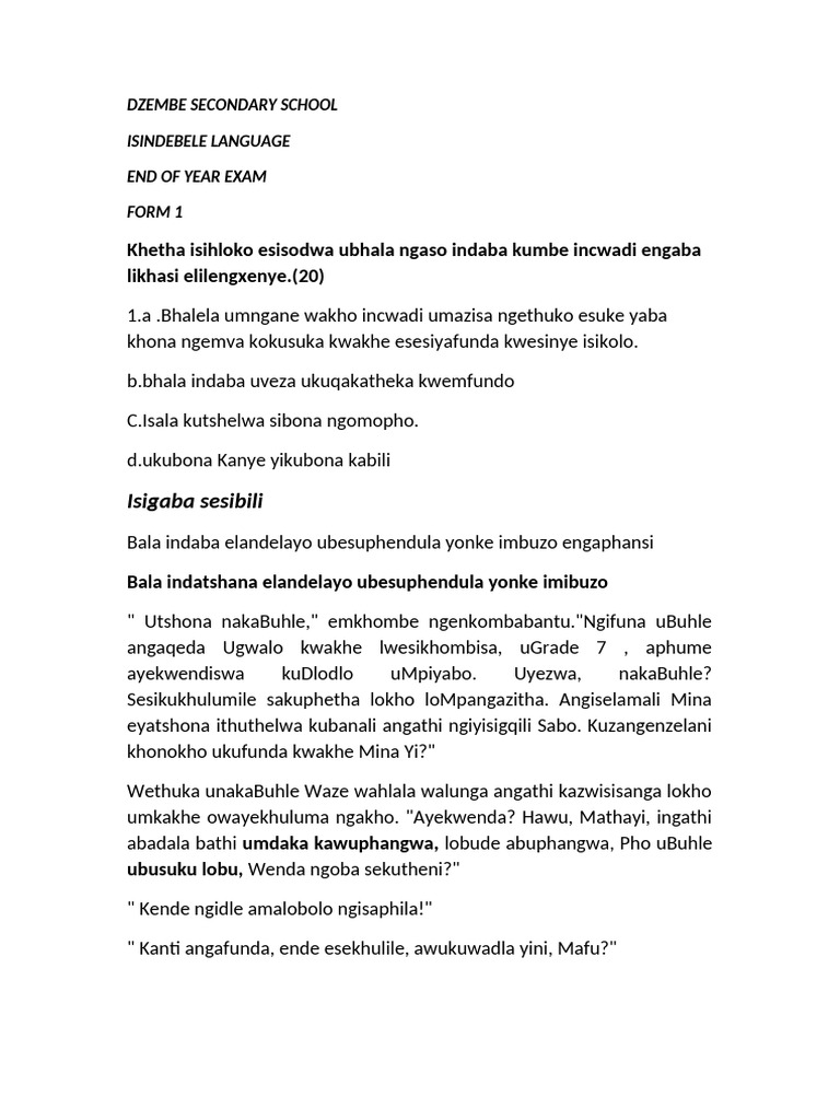 Ndebele Language Paper 1 End of Year 2024 | PDF