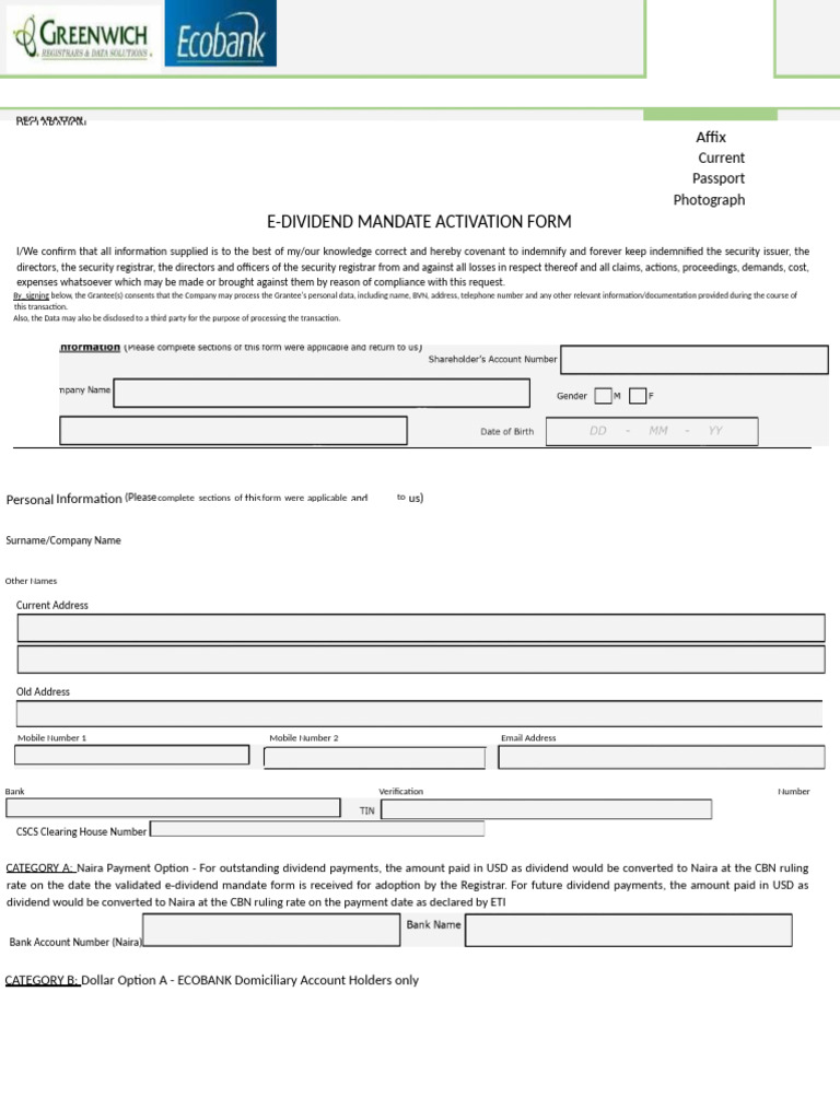 E-Dividend Mandate Activation Form | PDF | Dividend | Banks
