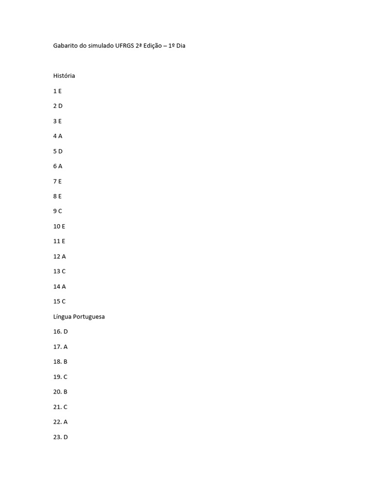 Gabarito Simulado UFRGS 1º Dia | PDF | Métodos e Materiais de Ensino