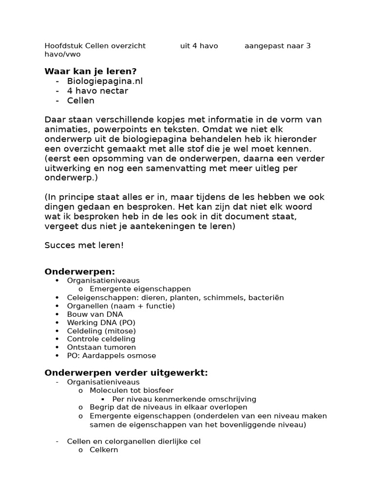 Hoofstuk Cellen Overzicht | PDF