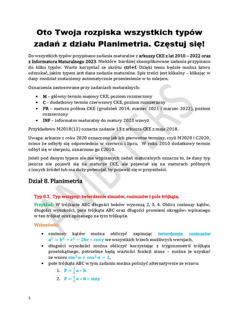 Planimetria Matematyka Rozszerzona Wszystkie Typy Zadan | PDF