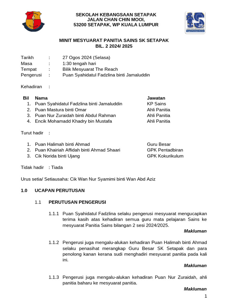 Minit Mesyuarat Panitia Sains | PDF
