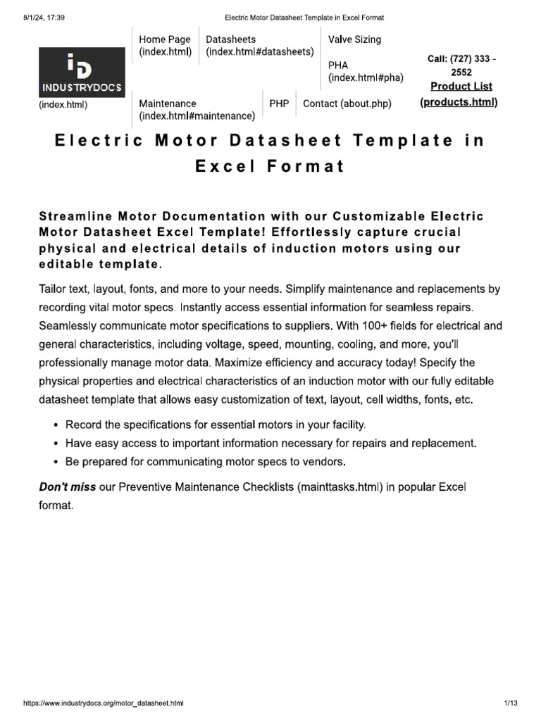 Electric Motor Datasheet Template in Excel Format | PDF
