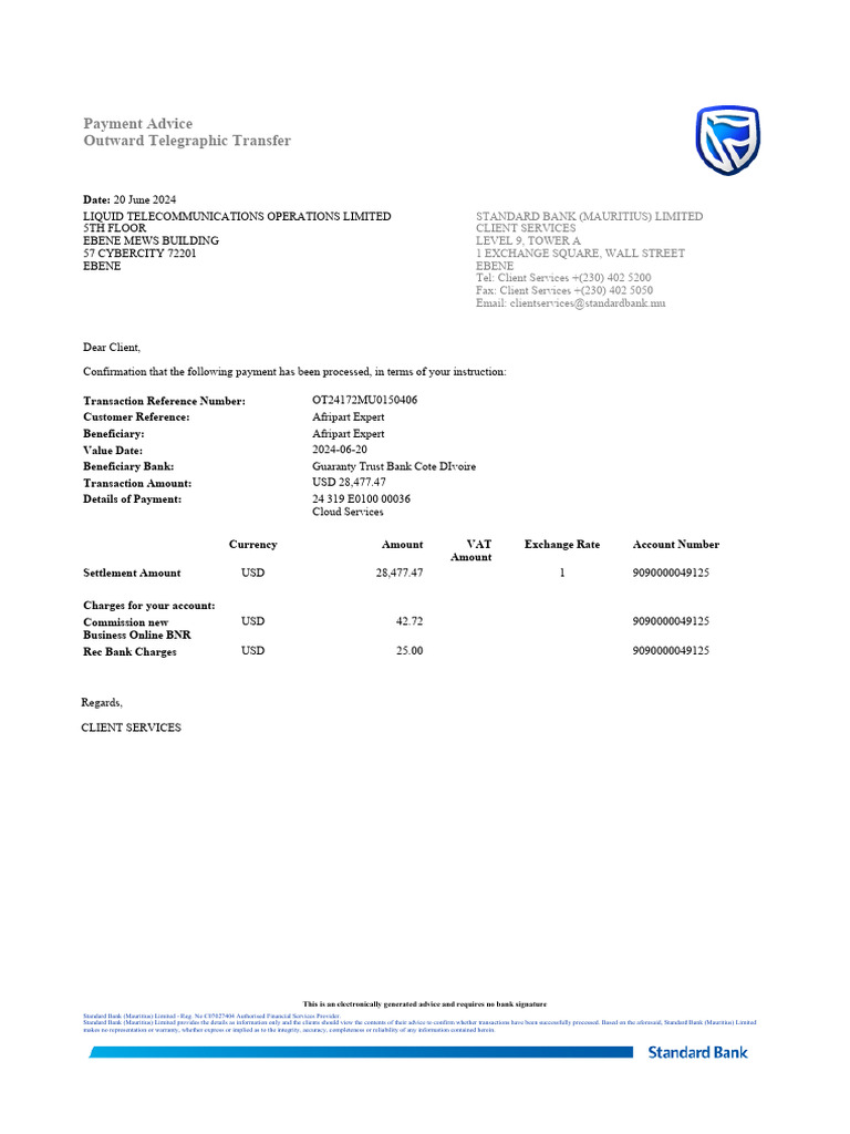 Outward Telegraphic Transfer Payment Advice | PDF | Banks | Banking