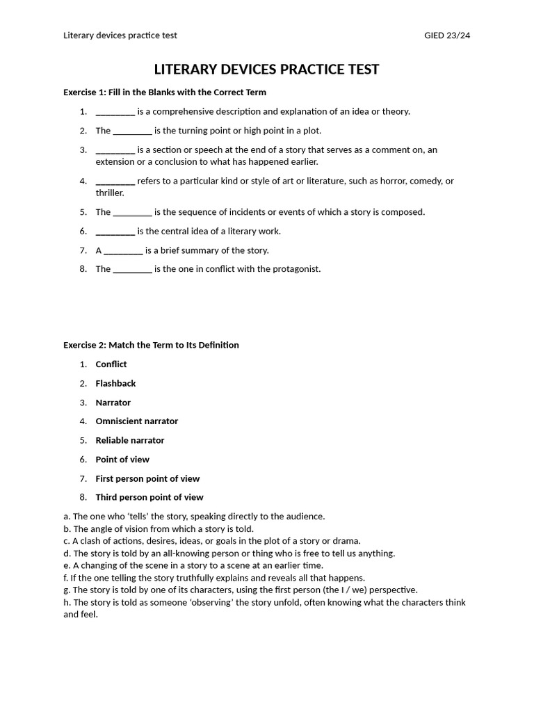 Literary Devices Practice Test & Answers | PDF | Narration | Plot ...