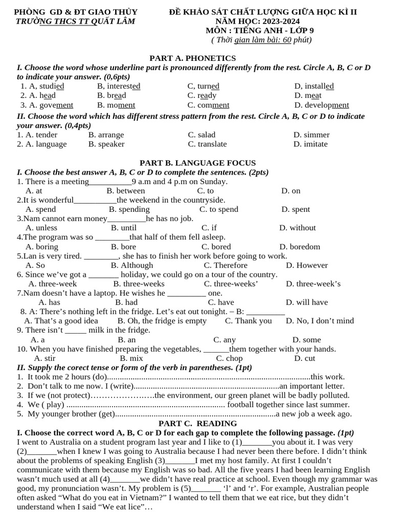 Đề Anh 9 GHK 2 | PDF | Tourism | Linguistics