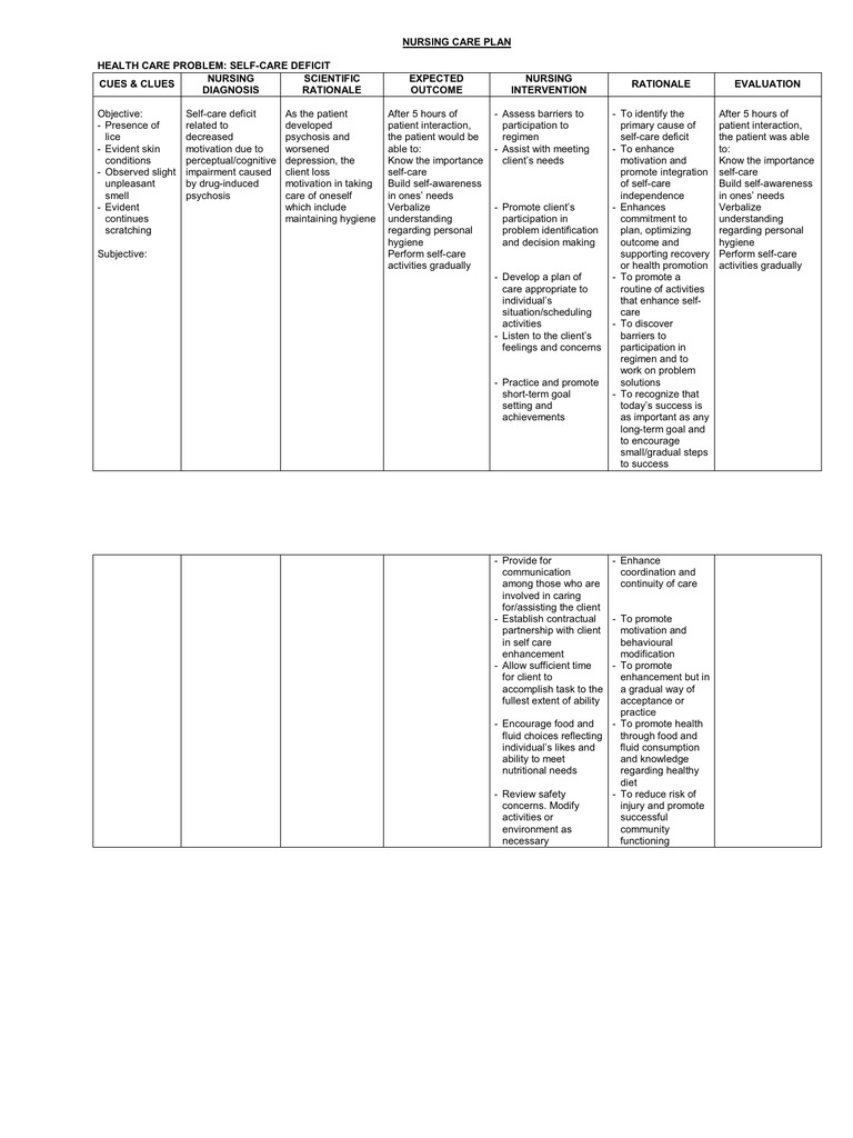 Nursing Care Plan for Self-Care Deficit | PDF | Career & Growth | Self ...