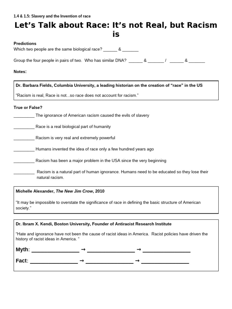 APUSH 1.5 Handout Let's Talk About Race | PDF | Racism | Discrimination ...