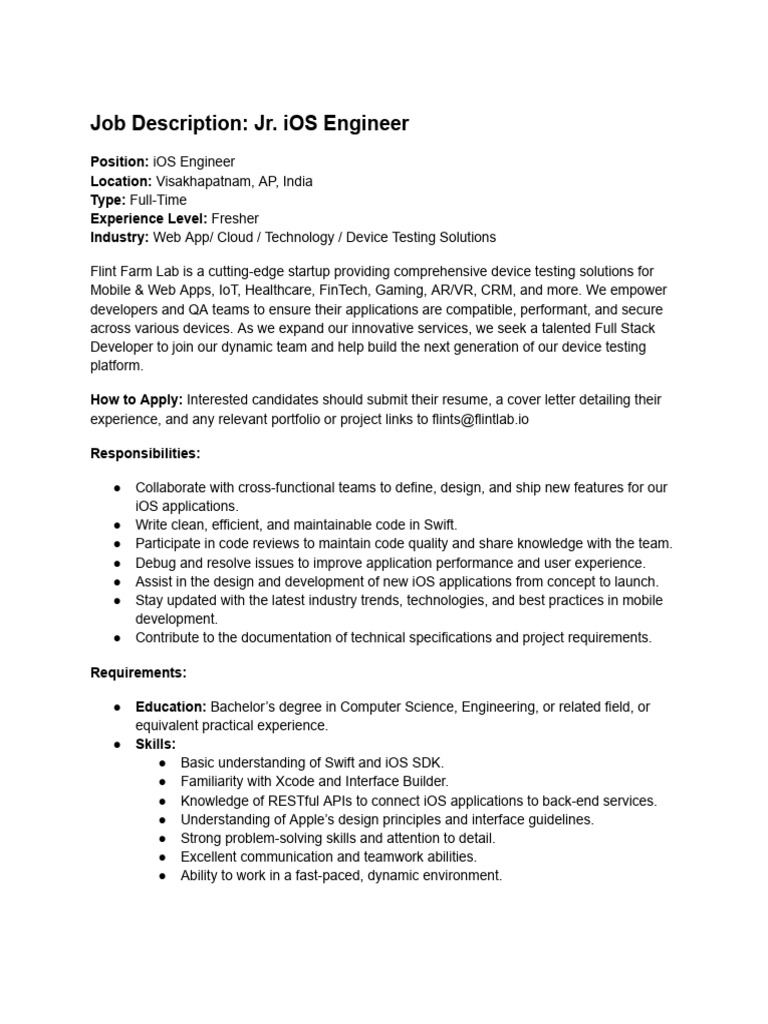 JD iOS Engineer | PDF | Ios | Swift (Programming Language) JD iOS Engineer | PDF | Ios | Swift (Programming Language)