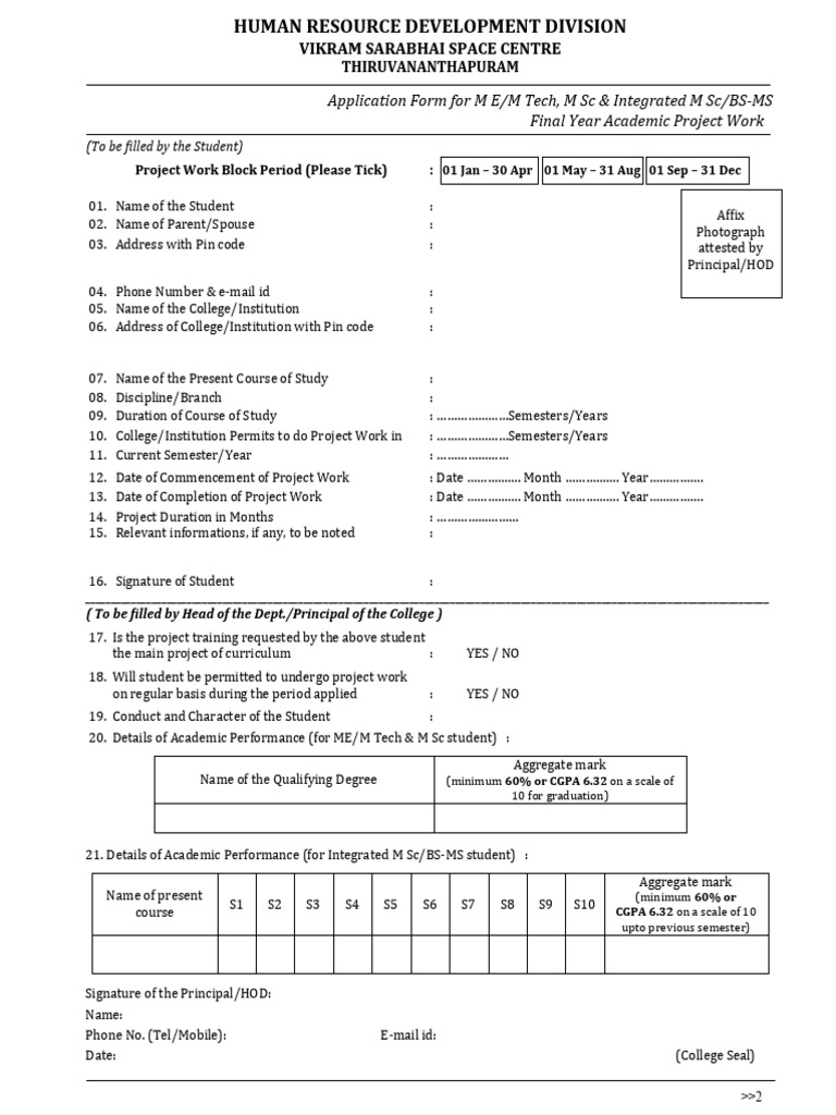MEMTECHMSc ISRO Project Application Form | PDF