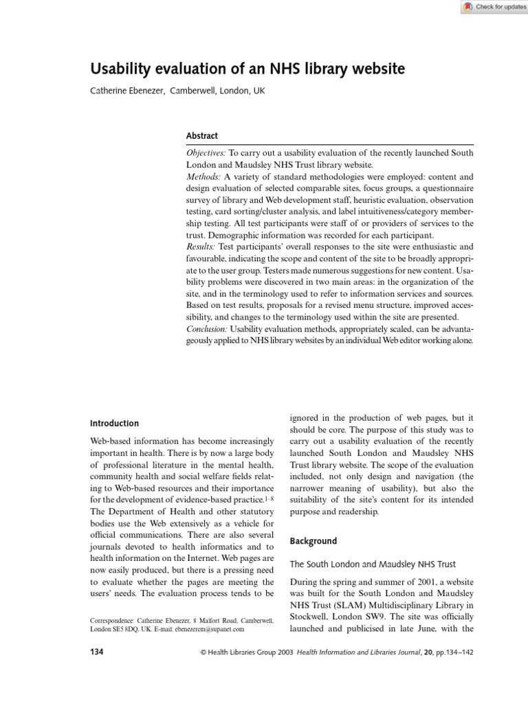 Health Info Libraries J - 2003 - Ebenezer - Usability Evaluation of An NHS Library Website | PDF ...