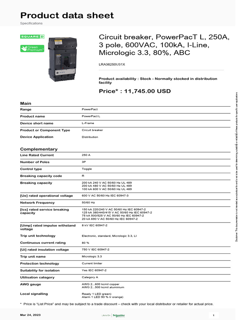 PowerPacT L-Frame Molded Case Circuit Breakers - LRA36250U31X | PDF ...