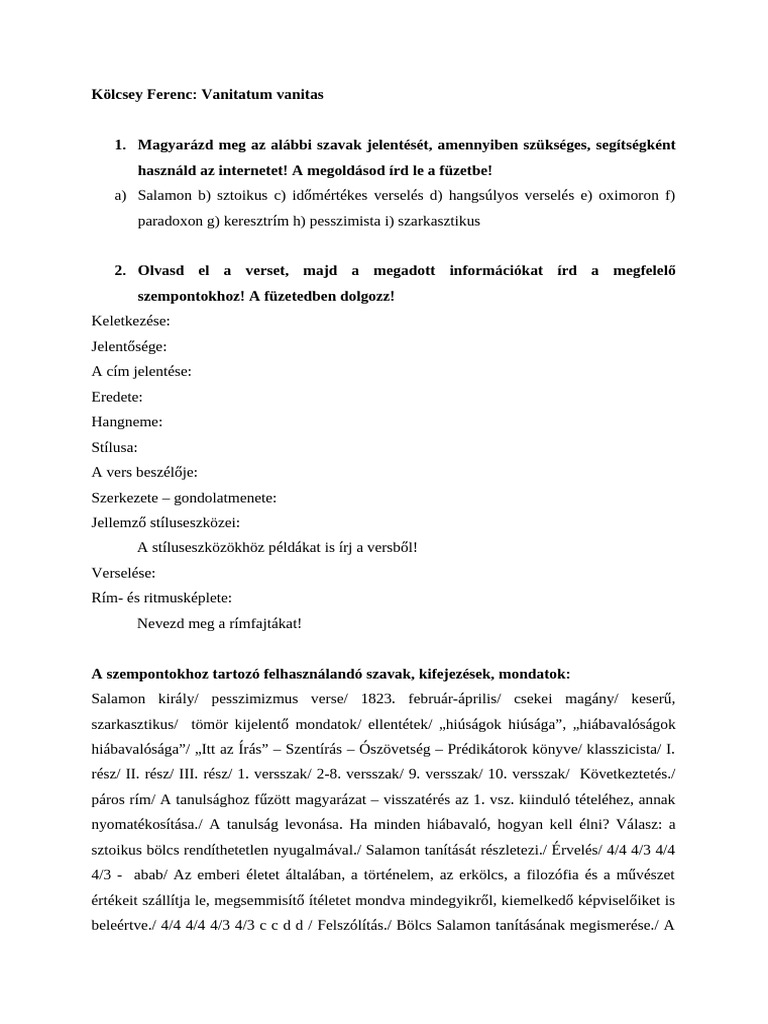 Kölcsey - Vanitatum Vanitas Feladatsor Megoldással | PDF
