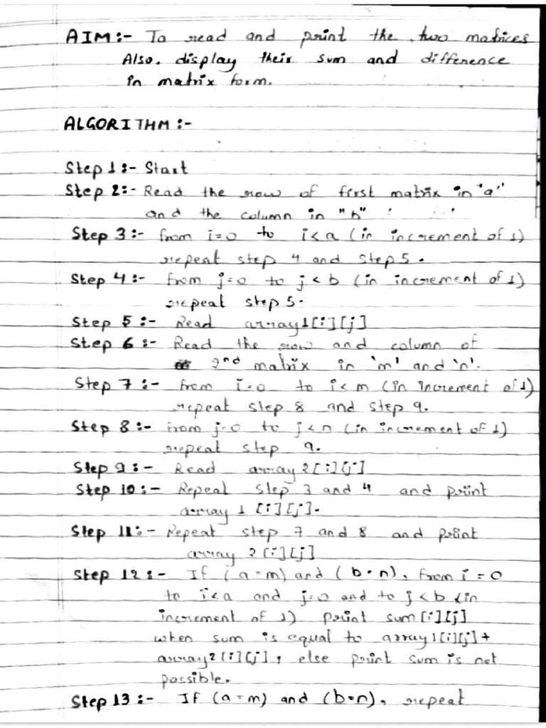 Algo-Sum and Sub of Two Matrices | PDF