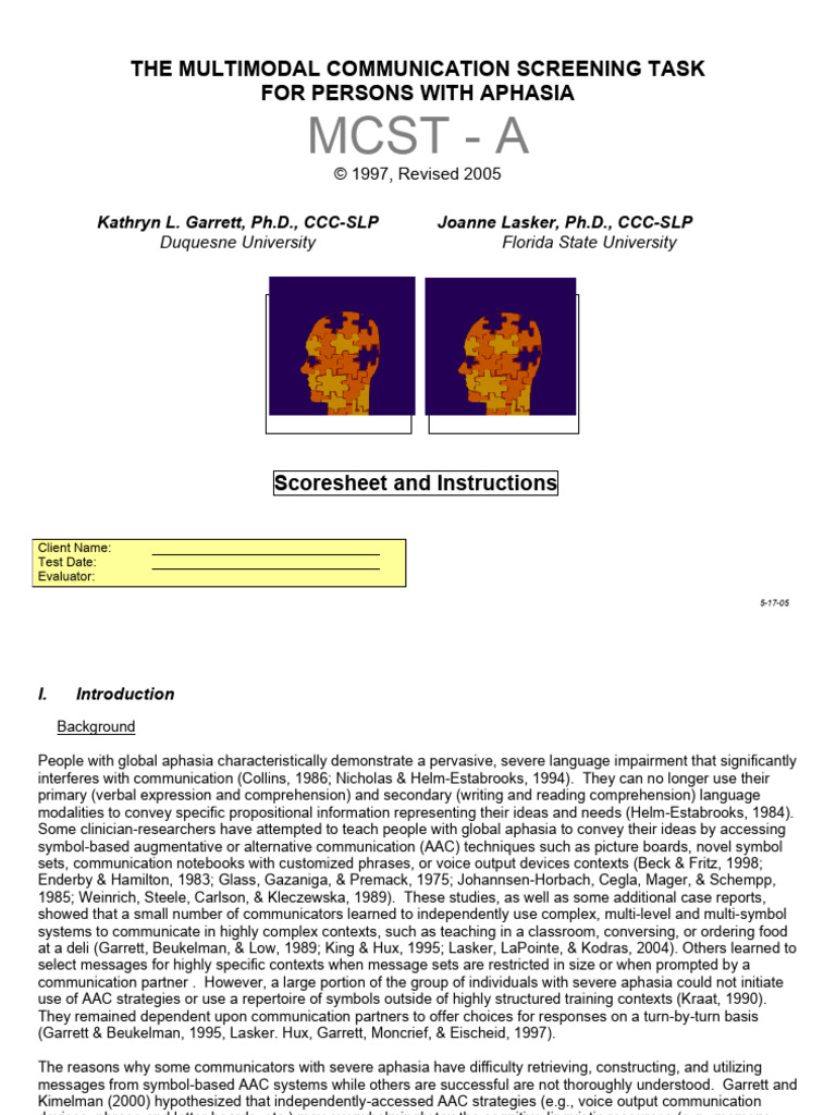 The Multimodal Communication Screening Task for Aphasics | PDF ...