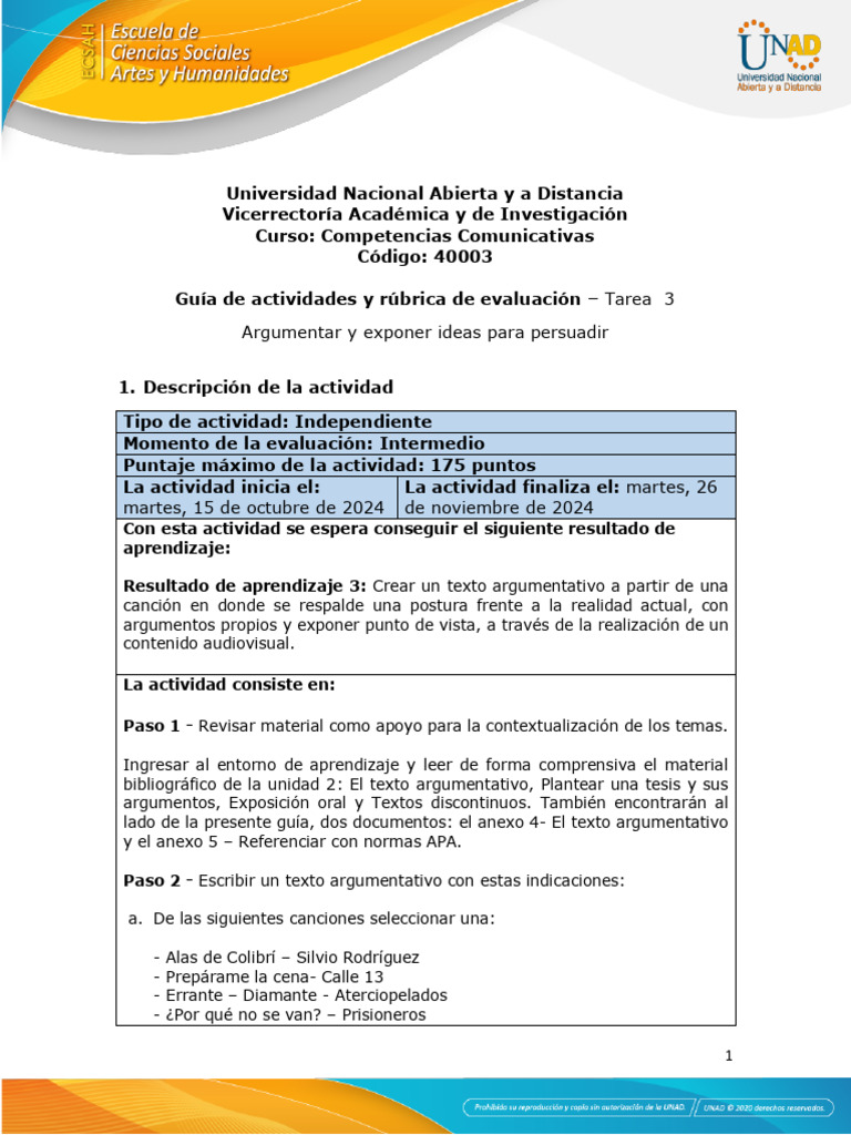 Guía de Actividades y Rúbrica de Evaluación - Unidad 2 - Tarea 3 - Argumentar y Exponer Ideas ...