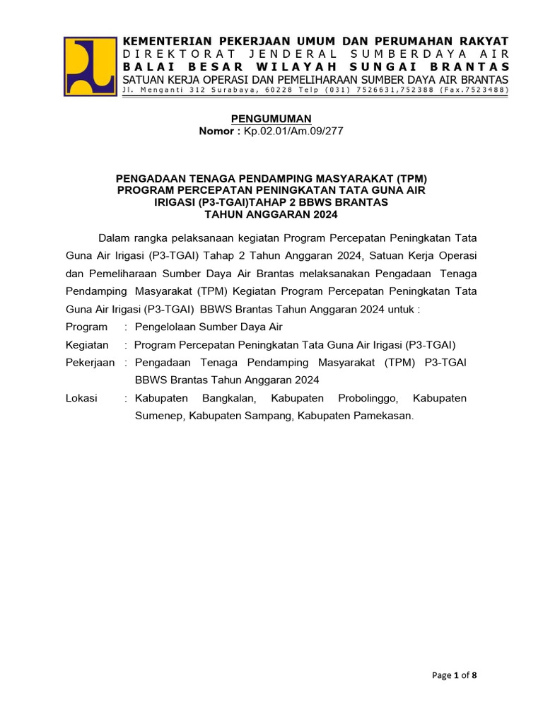 Pengumuman Rekrutmen TPM P3-Tgai Tahap II Tahun Anggaran 2024 | PDF