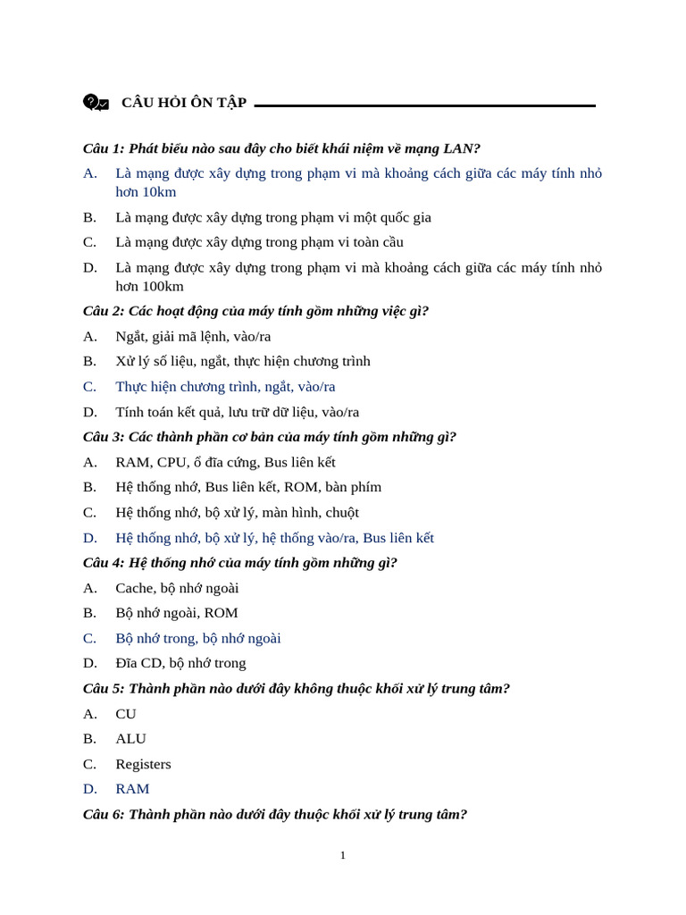 CAUHOI - BAITAP - Chuong 1 | PDF