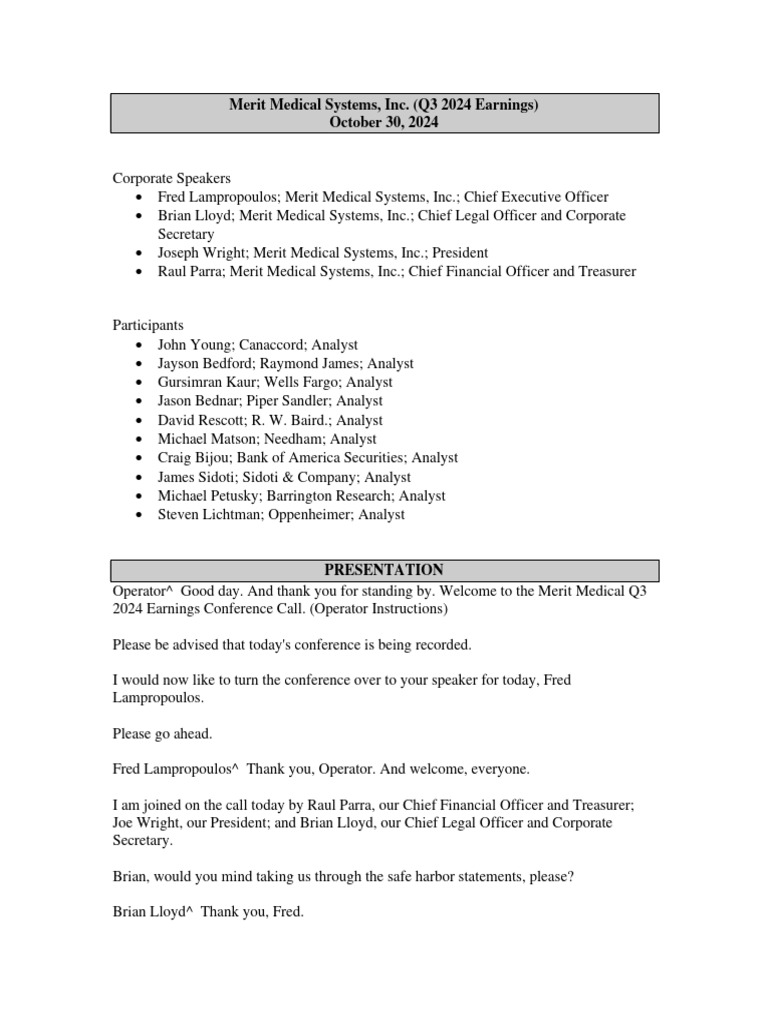 MMSI Q3 2024 Transcript | PDF | Medicare (United States) | Gross Margin
