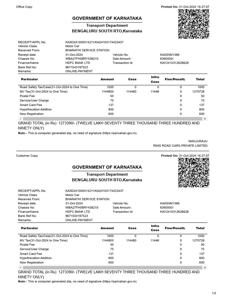 Bharathi Service Station Rto | PDF | Receipt | Fee