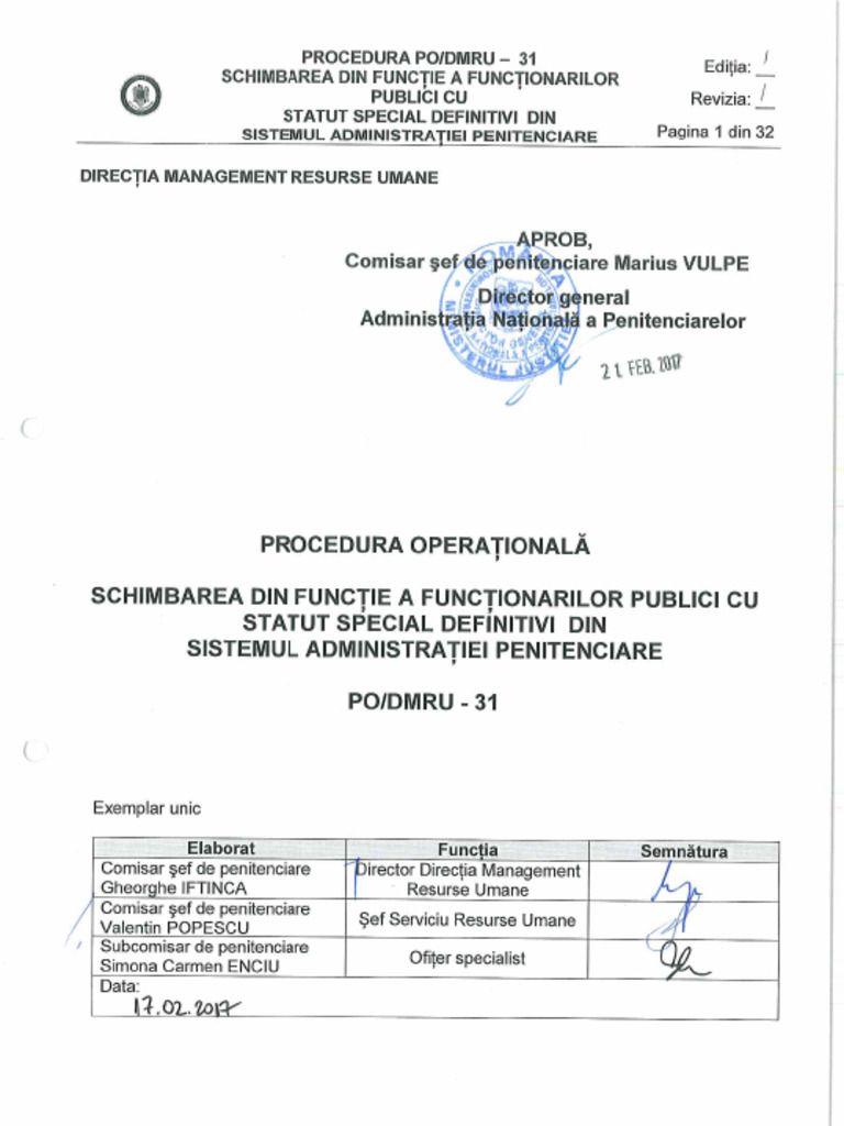 PO DMRU 31 Schimbarea Din Funcție A Funcționarilor Cu Statut Special ...