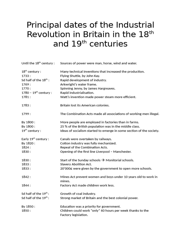 Principal Dates of The Industrial Revolution in Britain in The 18th and ...